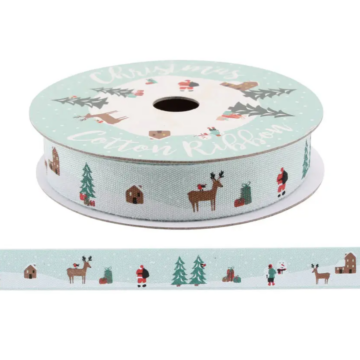 5m Cotton Ribbon - Blue Ribbon on Cardboard Reel - Christmas Scene **L ...