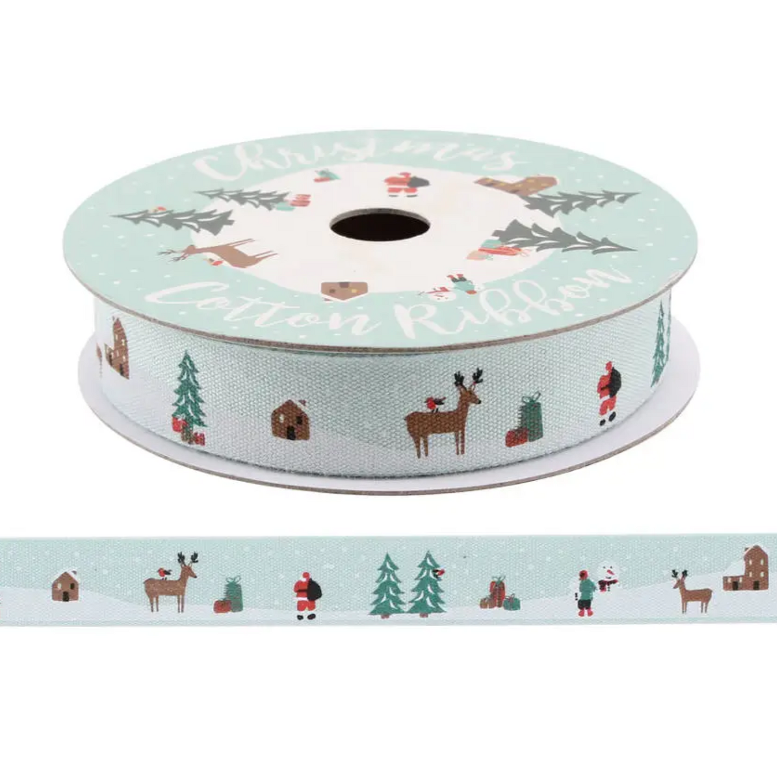 5m Cotton Ribbon - Blue Ribbon on Cardboard Reel - Christmas Scene **L ...