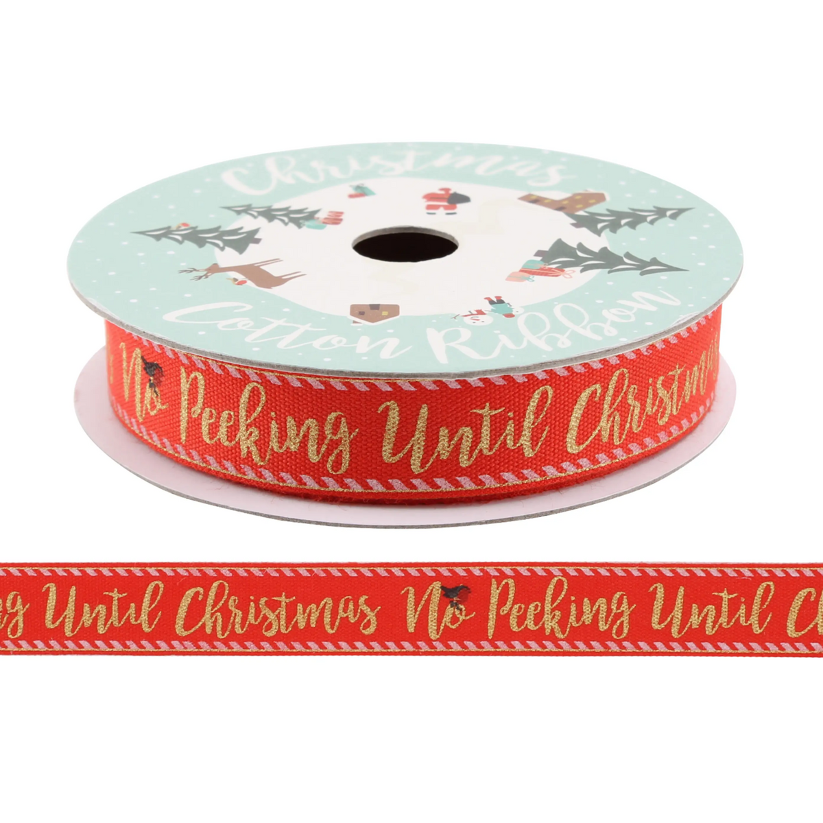 5m Cotton Ribbon - Red Ribbon on Cardboard Reel - No Peeking Until Chr ...